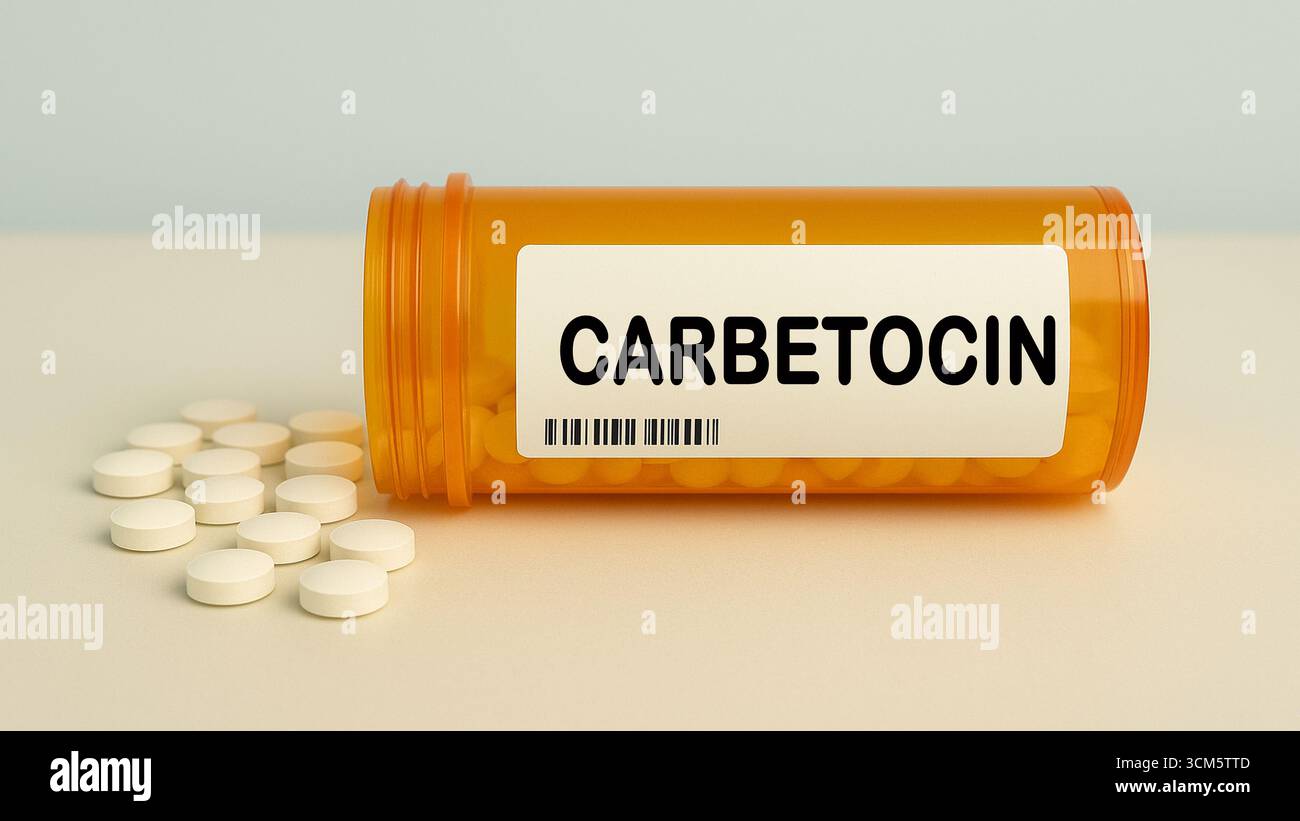 Box of CARBETOCIN tablets on a hospital pharmacy table used to prevent ...
