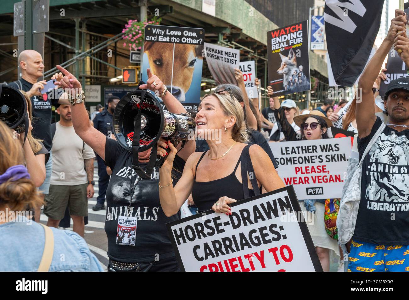 Hundreds of animal rights protesters with placards participate in the ...