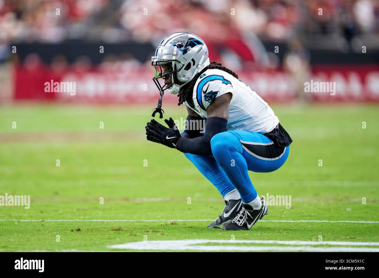 Carolina Panthers cornerback Jaycee Horn (8) stretches in between plays ...