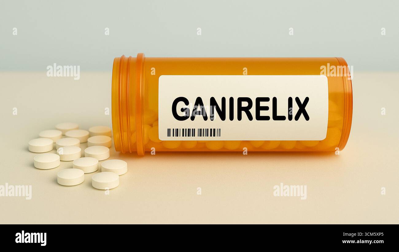 Box of GANIRELIX tablets on a hospital pharmacy table used to prevent ...