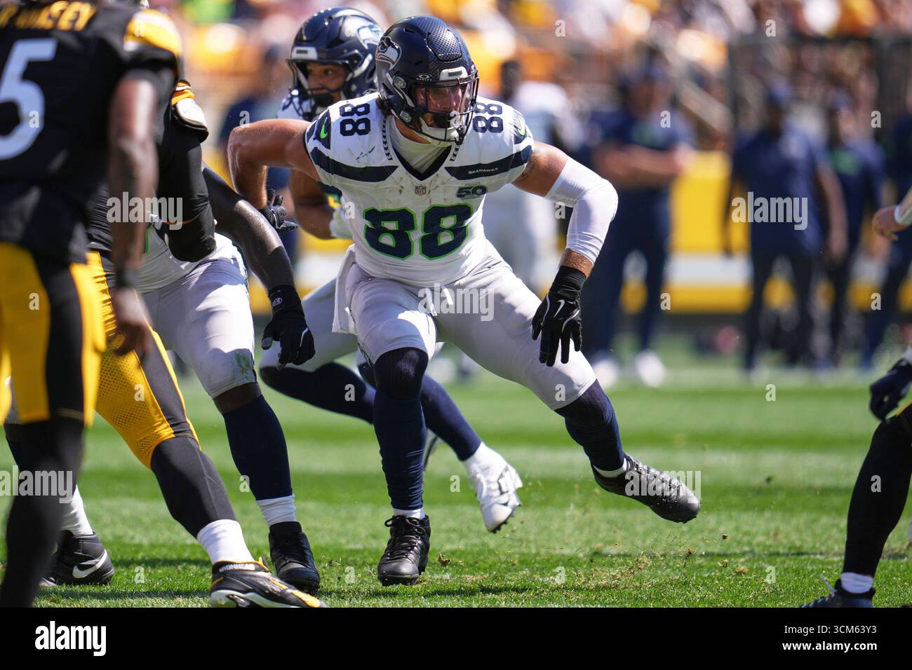 Seattle Seahawks tight end AJ Barner (88) blocks during an NFL football ...