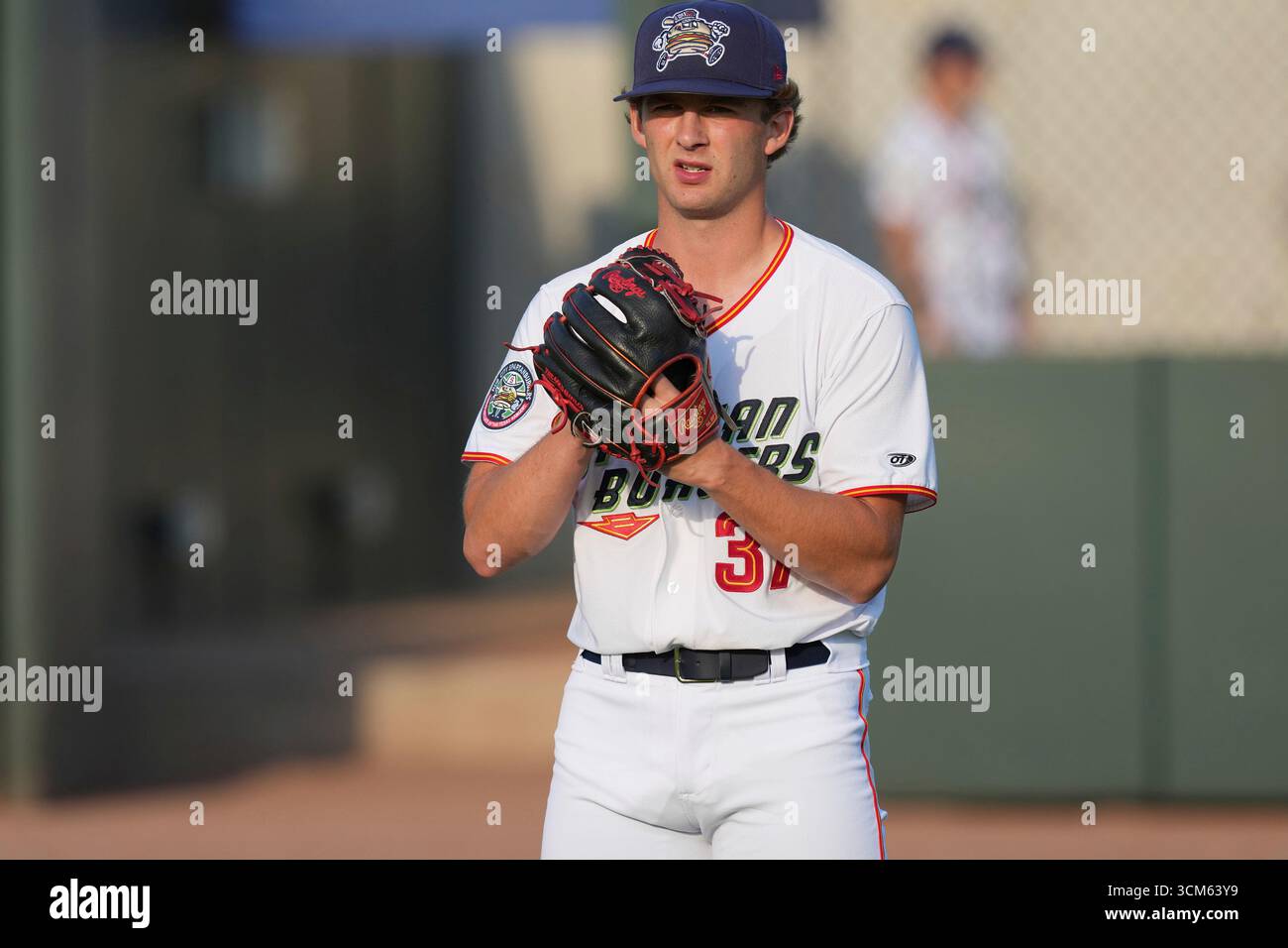 Relief pitcher Brooks Fowler (37) of the Hub City Spartanburgers warms ...