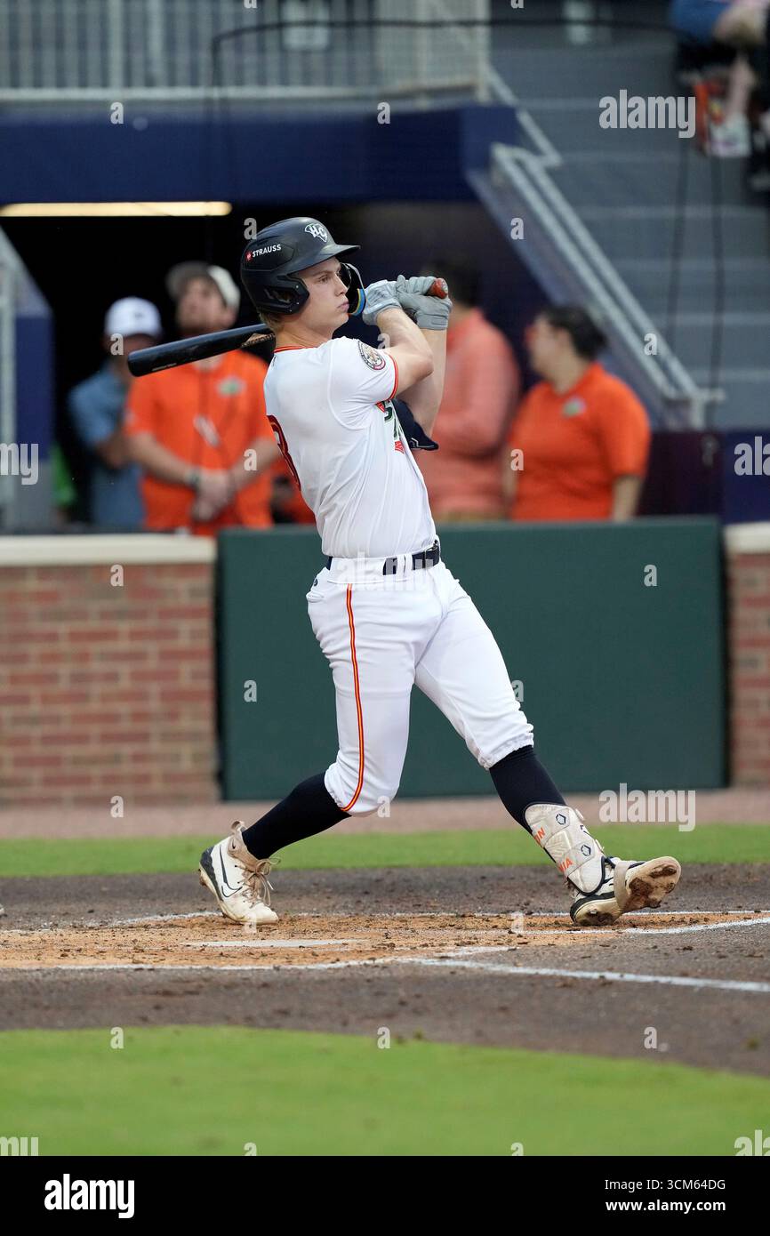 Luke Hanson (3) of the Hub City Spartanburgers at bat in a South ...