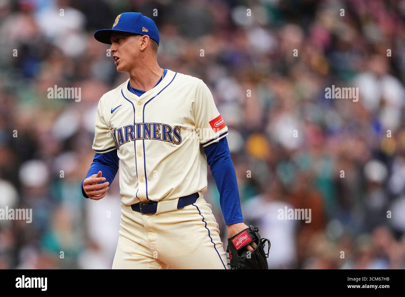 Seattle Mariners relief pitcher Casey Legumina reacts to a win over the ...