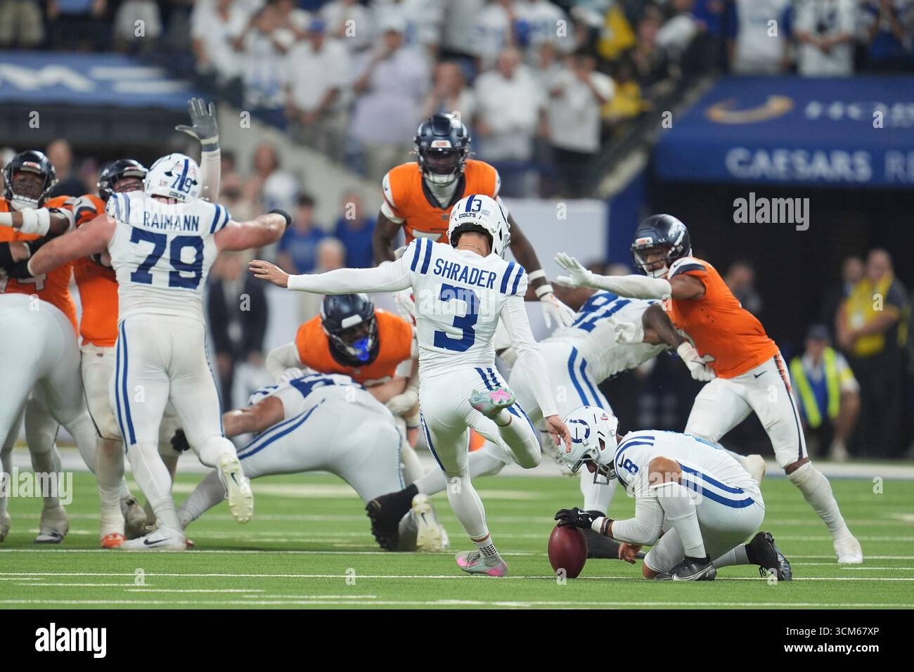 Indianapolis Colts place kicker Spencer Shrader (3) kicks the game ...