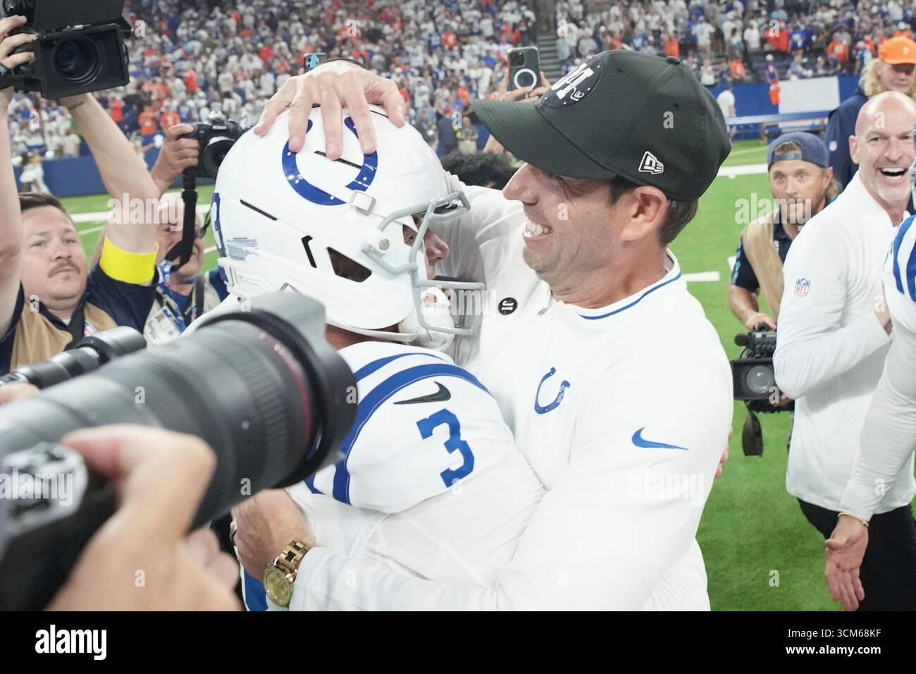 Indianapolis Colts head coach Shane Steichen hugs place kicker Spencer ...
