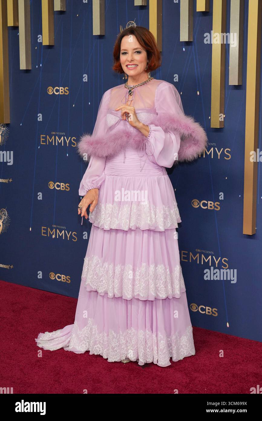 Parker Posey arrives at the 77th Emmy Awards on Sunday, Sept. 14, 2025 ...