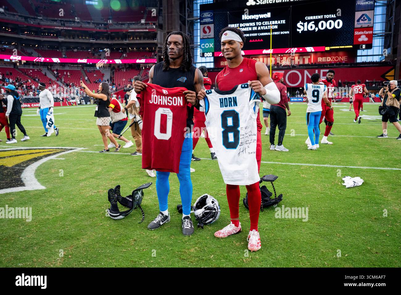 Carolina Panthers cornerback Jaycee Horn (left) and Arizona Cardinals ...