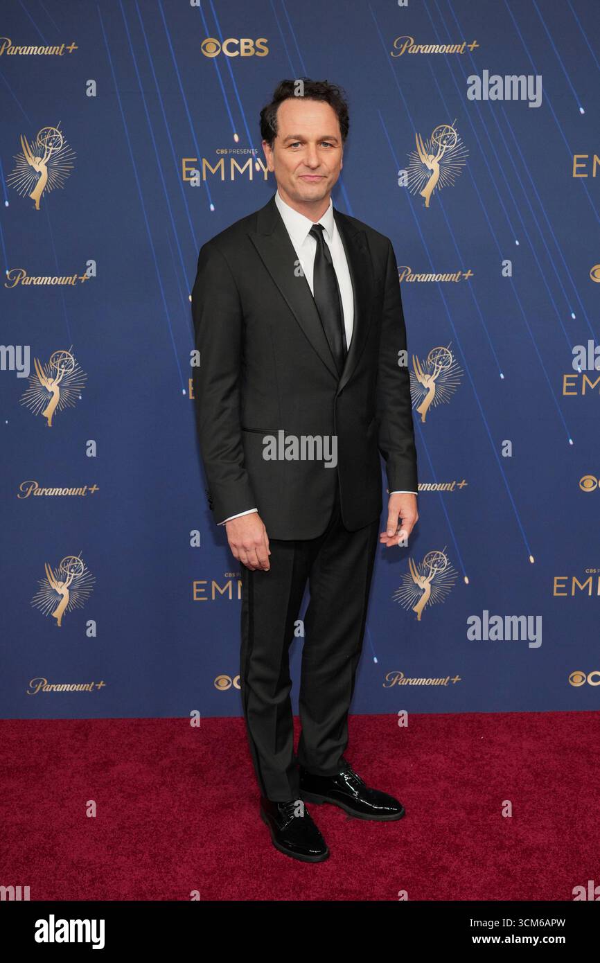 Matthew Rhys arrives at the 77th Emmy Awards on Sunday, Sept. 14, 2025 ...