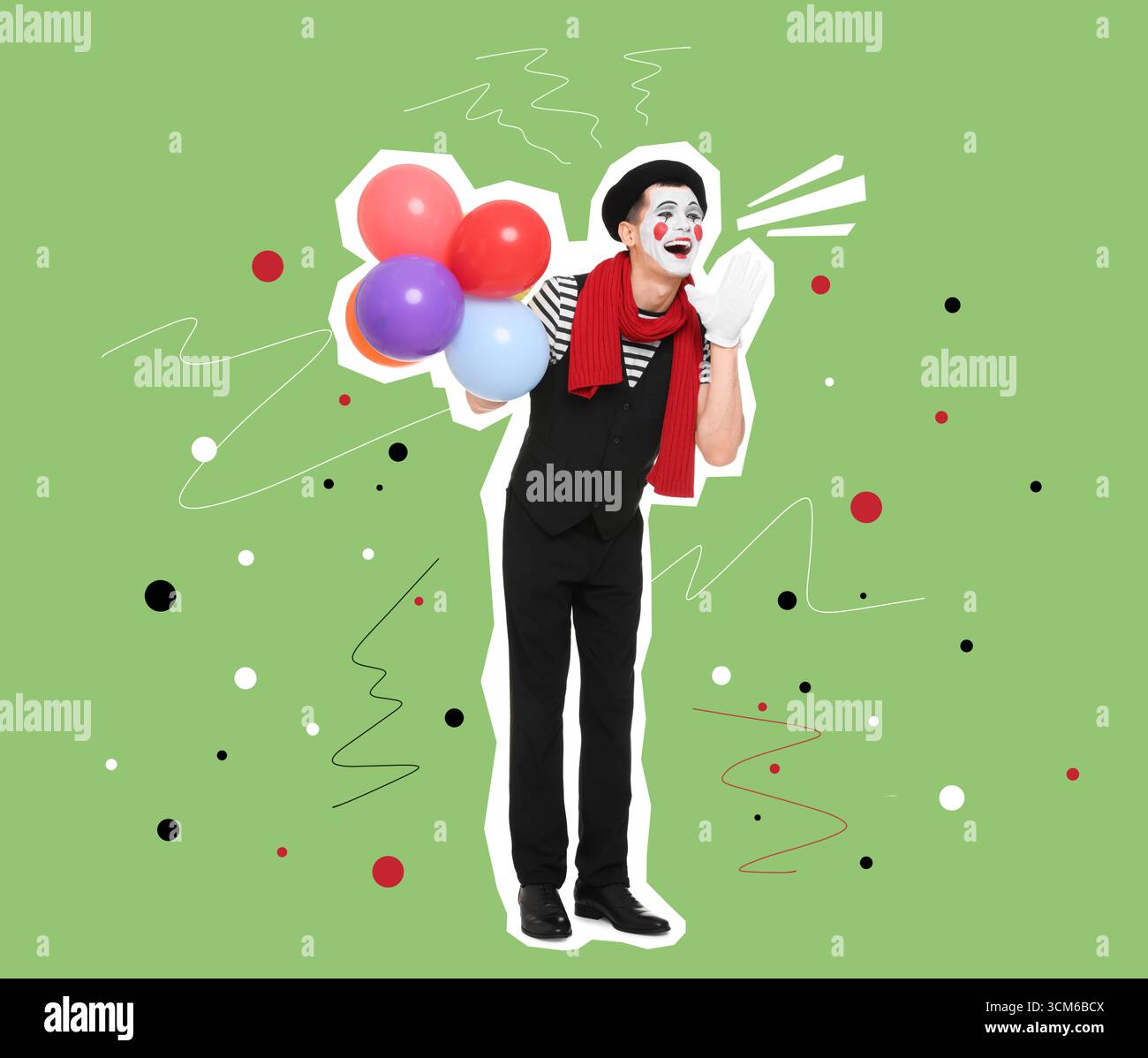 Magazine cutout of mime artist with balloons on color background ...