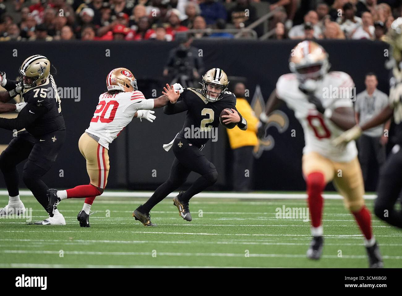New Orleans Saints quarterback Spencer Rattler (2) carries against San ...