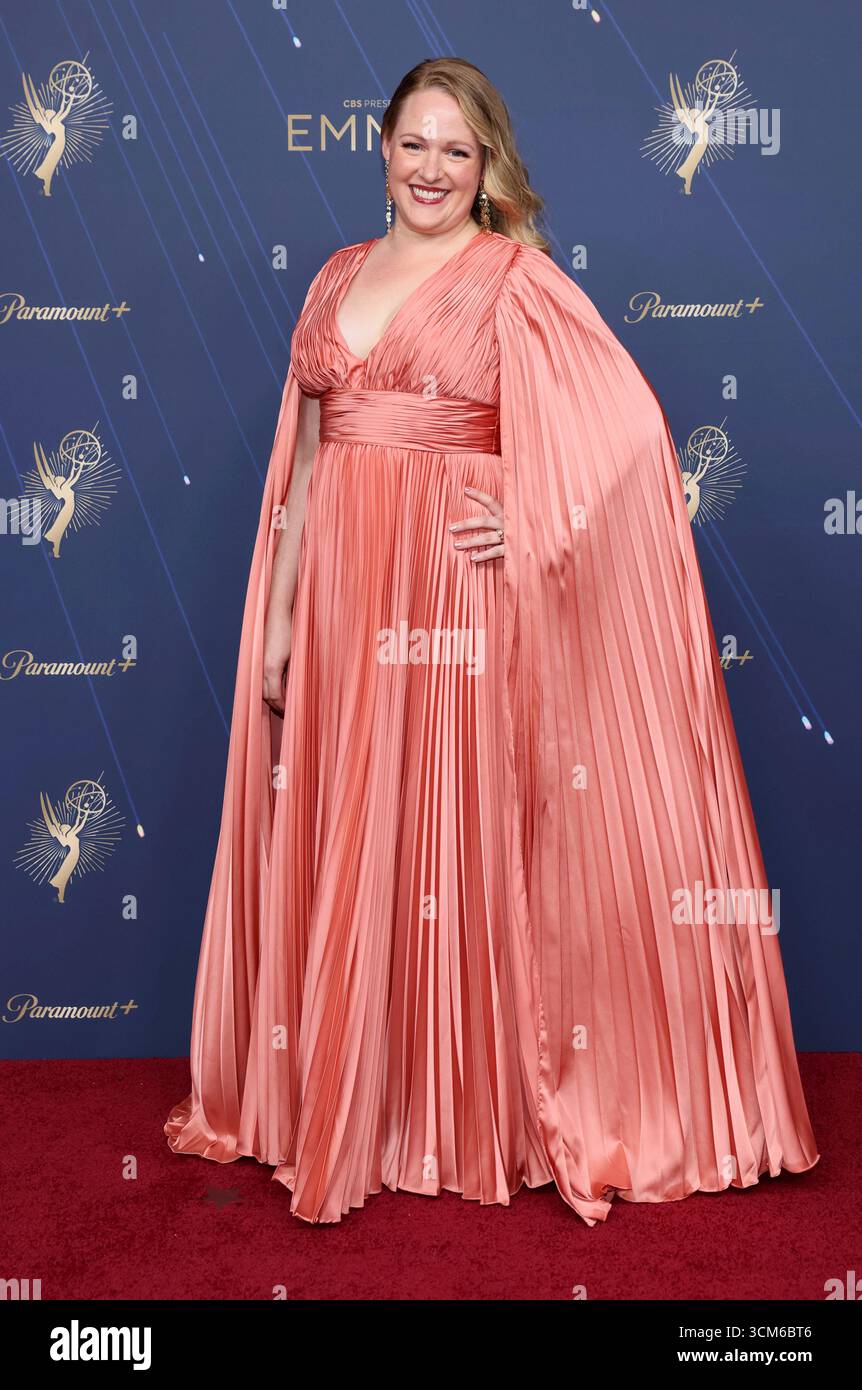 Ariel Dumas arrives at the 77th Emmy Awards on Sunday, Sept. 14, 2025 ...