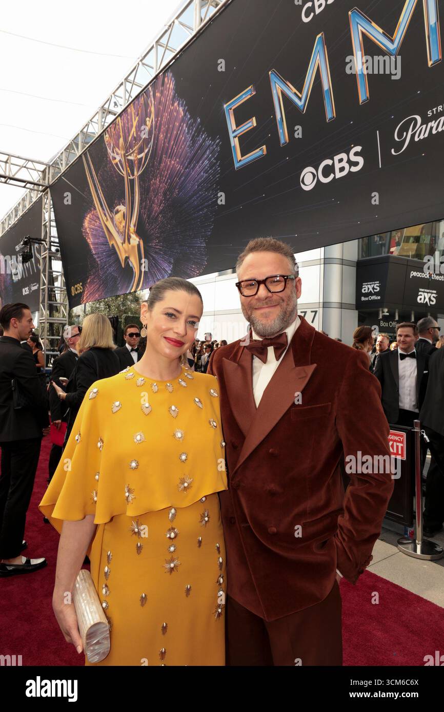 Lauren Miller, left, and Seth Rogen walksthe red carpet at the 77th ...
