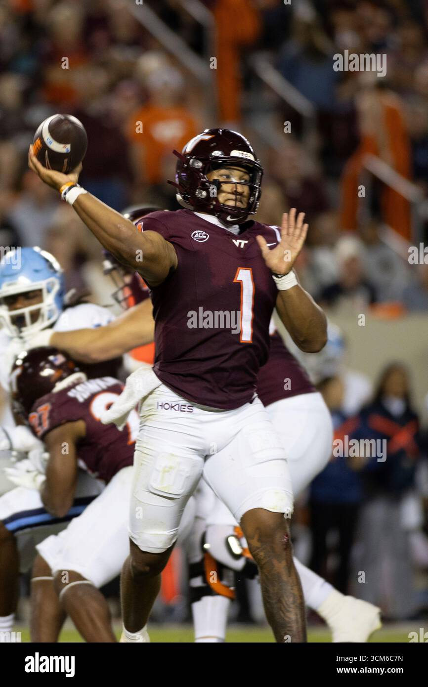 September 13, 2025: Virginia Tech Hokies quarterback Kyron Drones (1) throws a pass during the ...