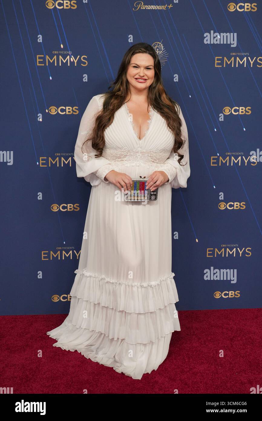 Laura Aronson arrives at the 77th Emmy Awards on Sunday, Sept. 14, 2025 ...