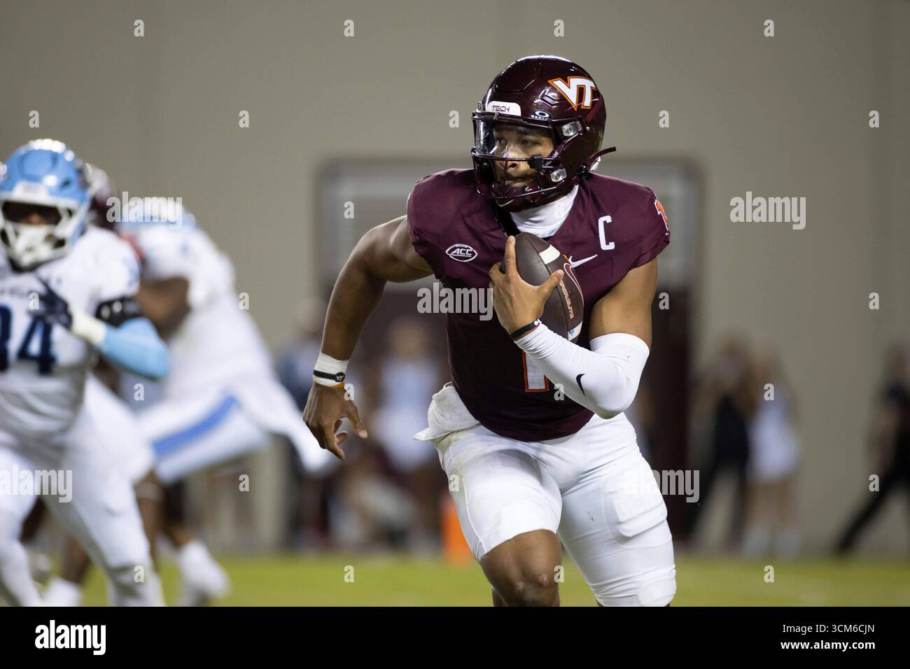 September 13, 2025: Virginia Tech Hokies quarterback Kyron Drones (1) scrambles out of the ...