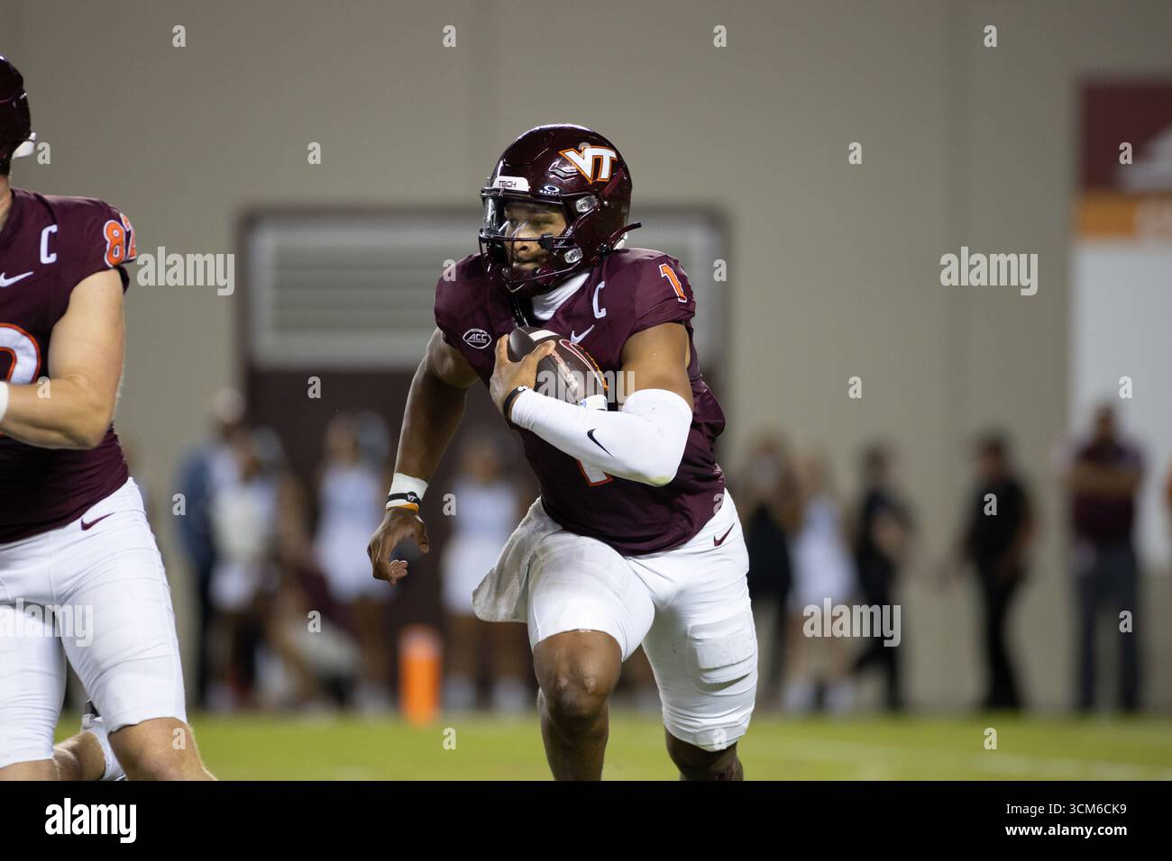 September 13, 2025: Virginia Tech Hokies quarterback Kyron Drones (1) scrambles out of the ...