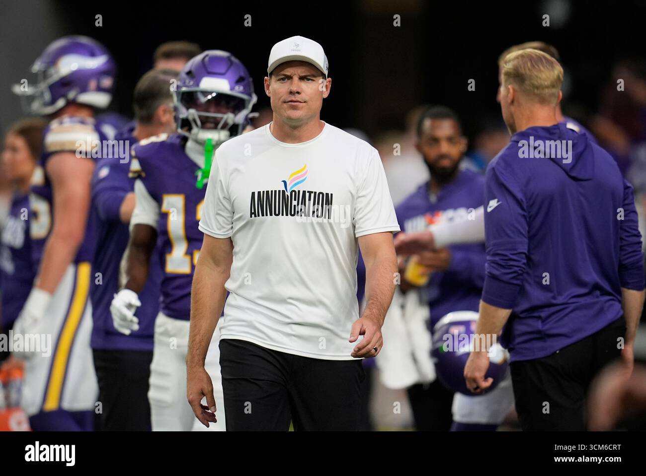 Minnesota Vikings' Kevin O'Connell looks on wearing an Annunciation ...