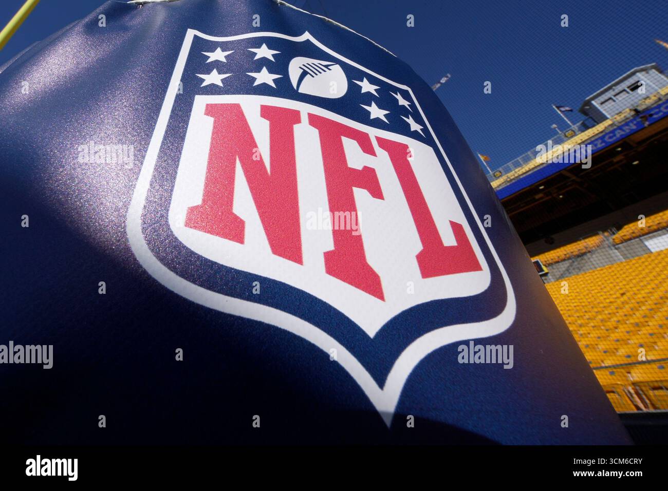 This is the NFL football logo on a goalpost pad at Acrisure Stadium ...