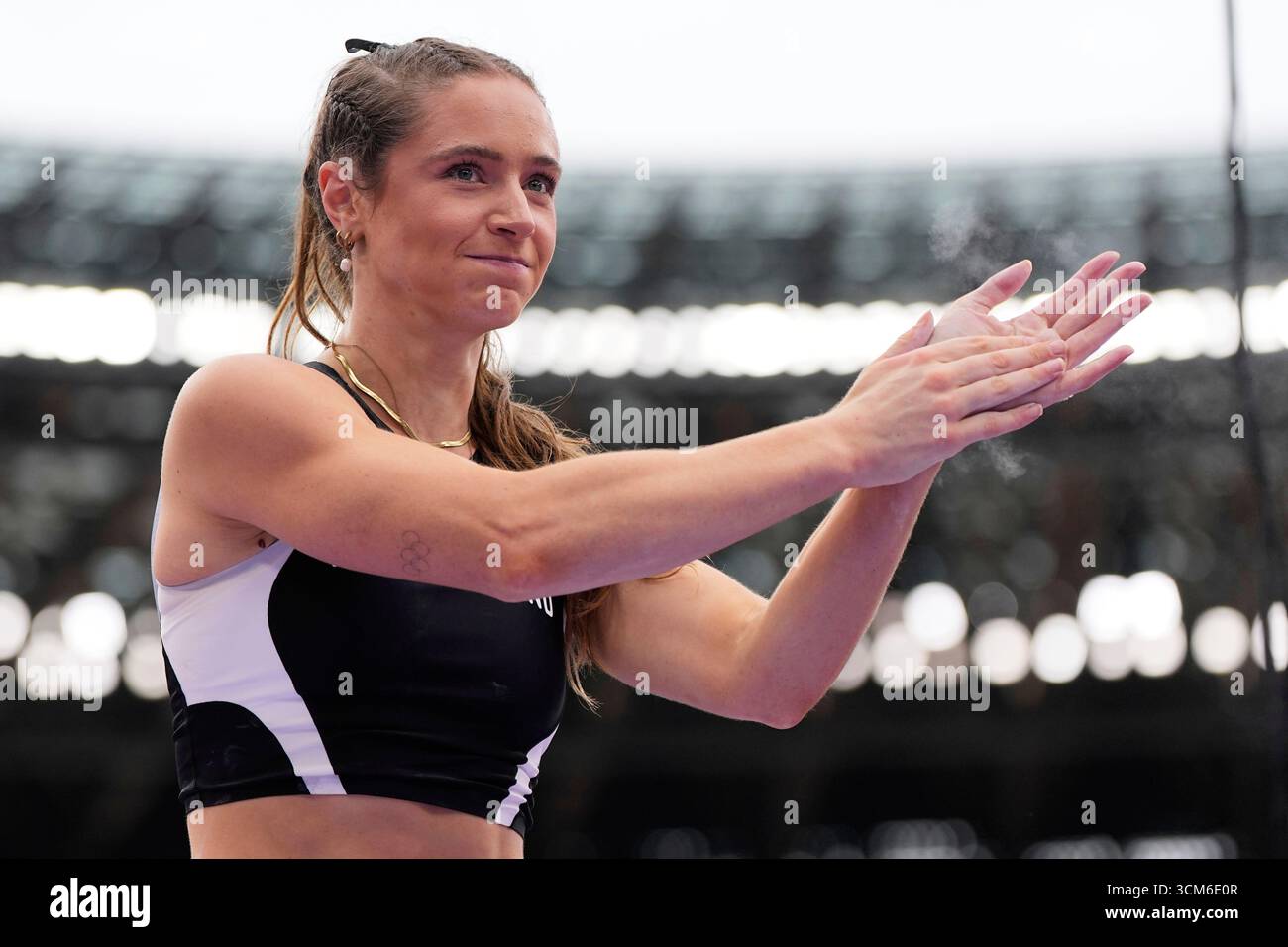 New Zealand's Imogen Ayris reacts in the women's pole vault qualification at the World Athletics ...
