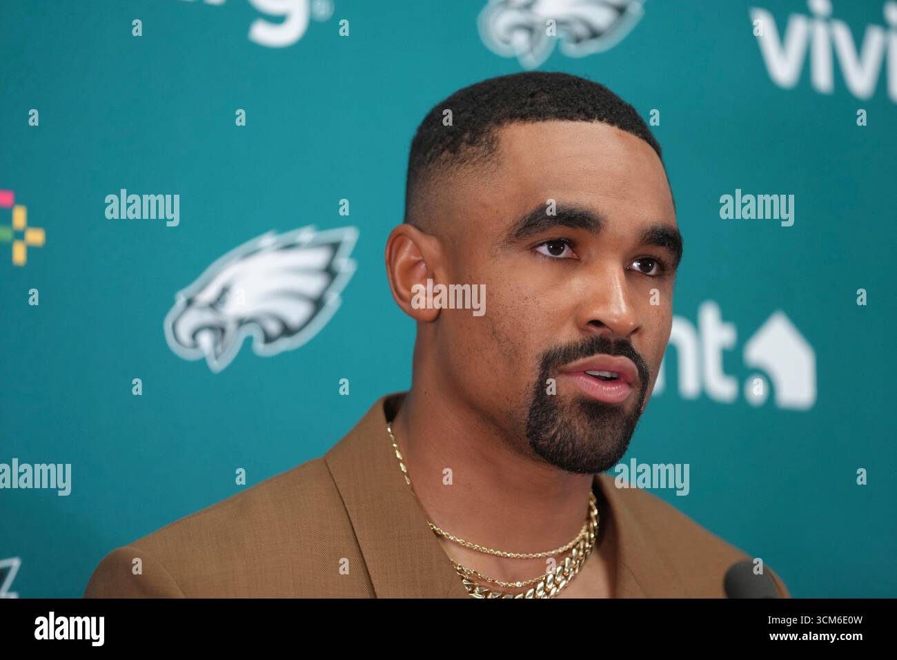 Philadelphia Eagles quarterback Jalen Hurts speaks during a news ...