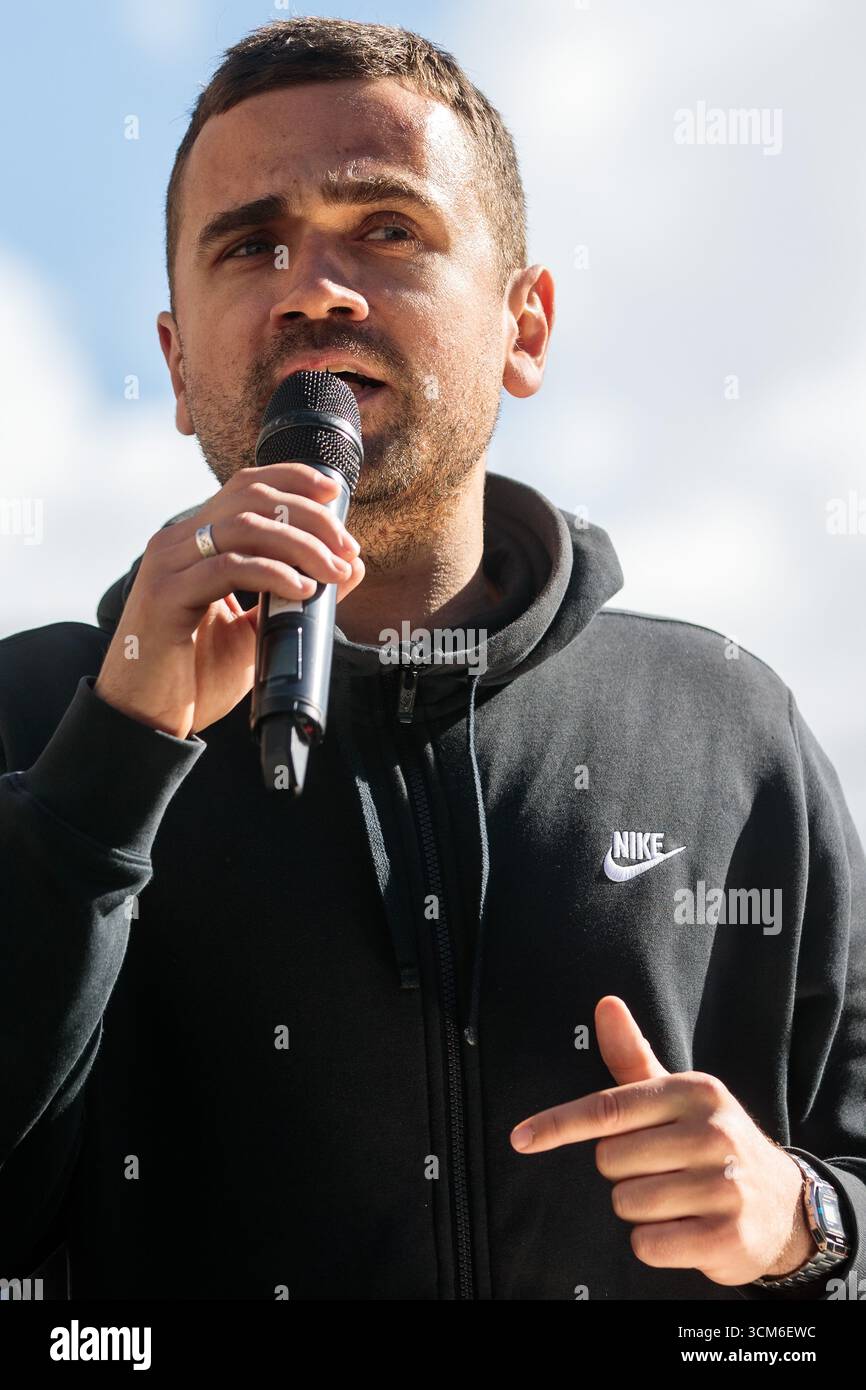 London, UK. 13th September, 2025. Lewis Nielsen of Stand Up To Racism ...