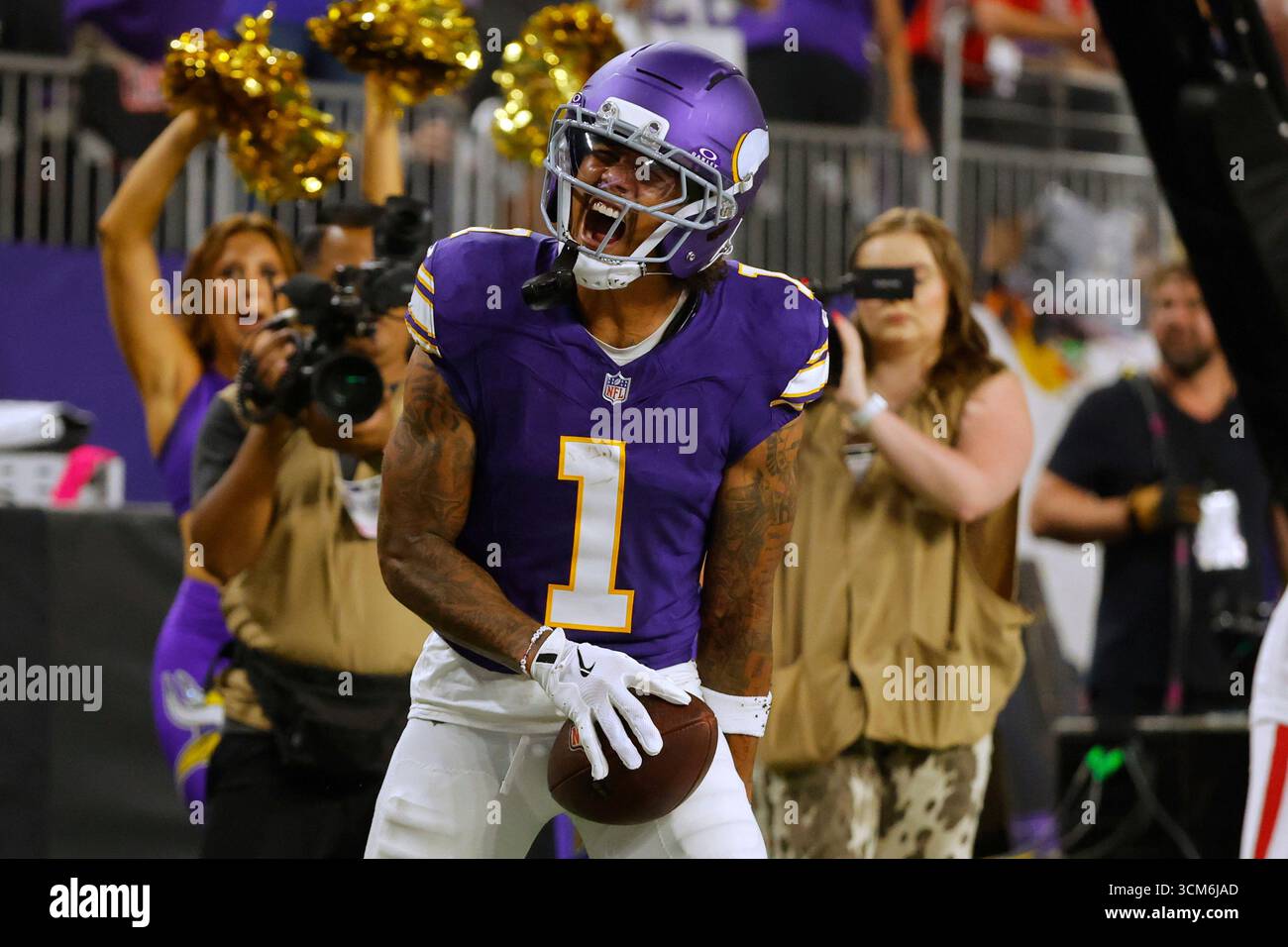 Minnesota Vikings wide receiver Jalen Nailor (1) celebrates a catch ...
