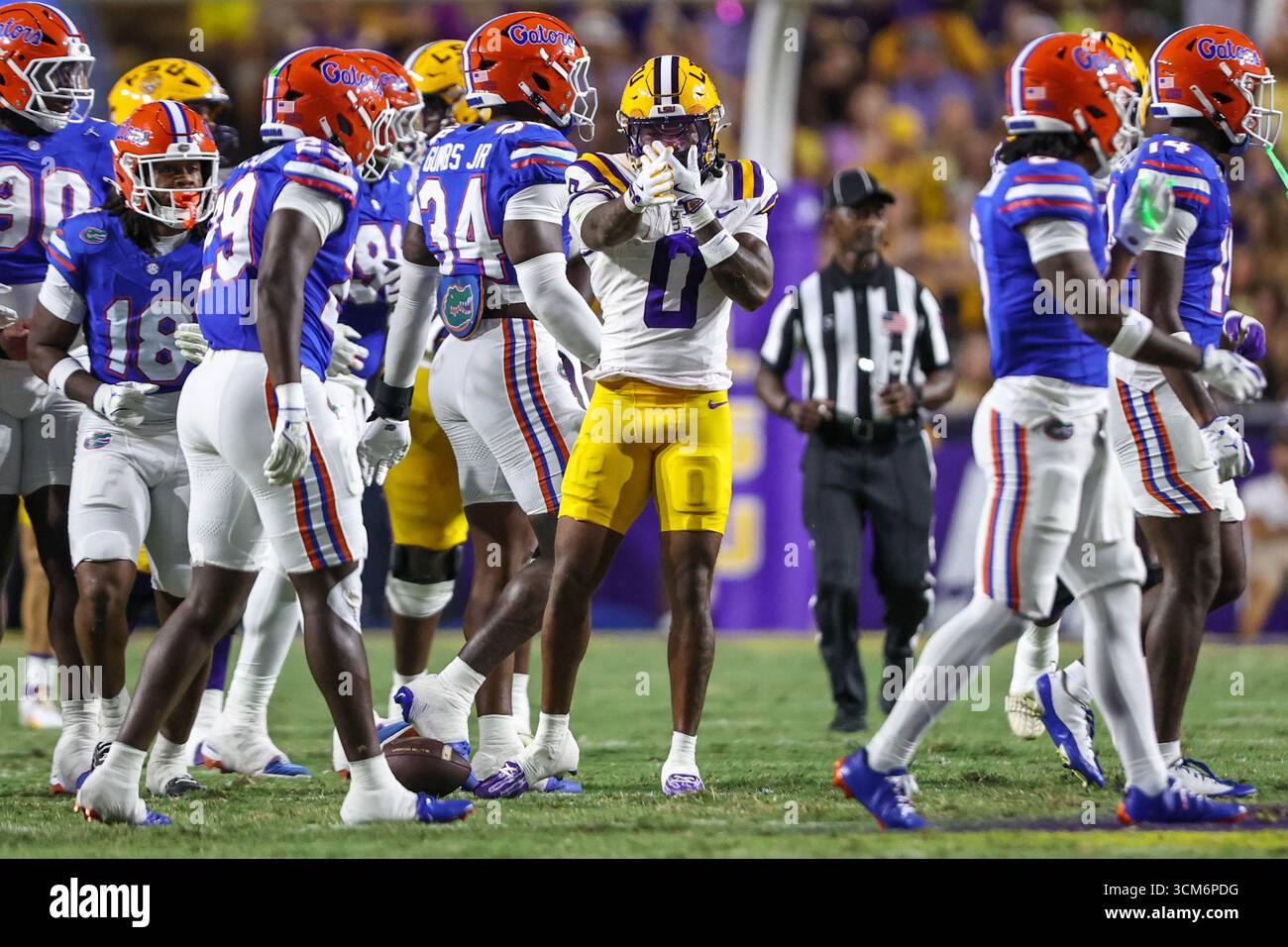 September 13, 2025: LSU wide receiver Zavion Thomas (0) signals a first ...