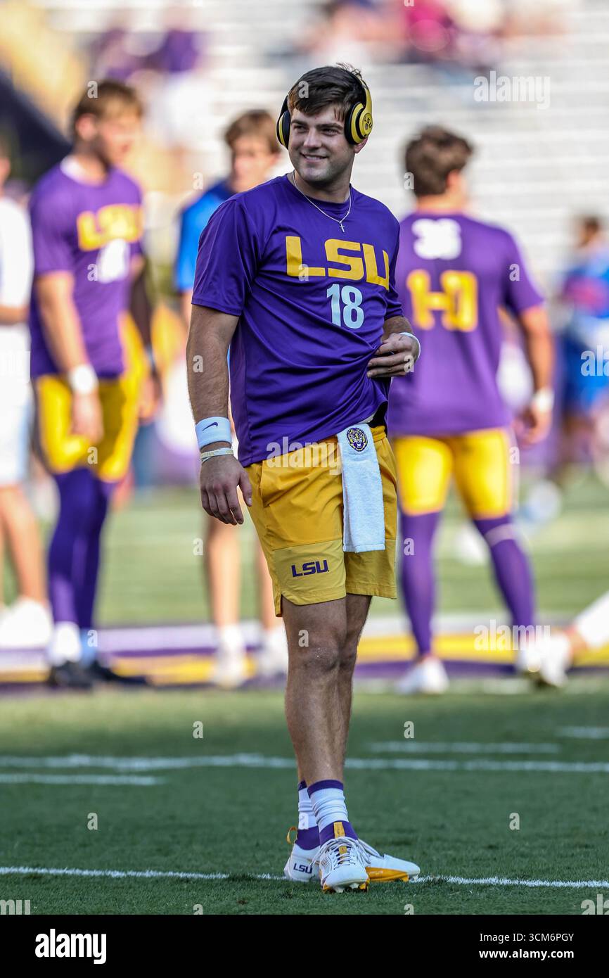 September 13, 2025: LSU quarterback Garrett Nussmeier (18) warms up ...