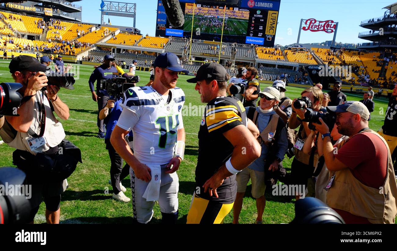 SEPT 14, 2025: Sam Darnold #14 and Aaron Rodgers #8 during the 2025 ...