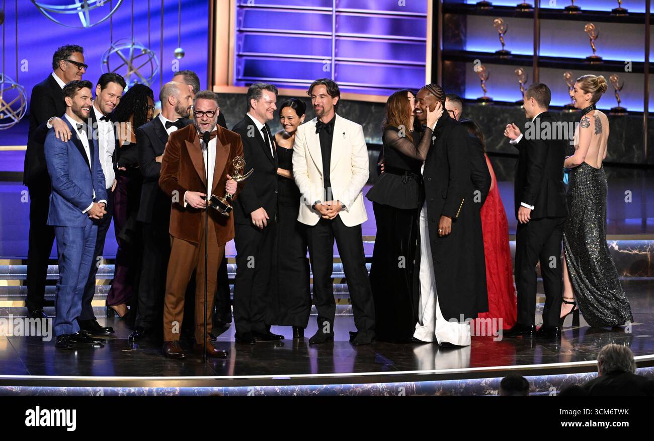 The team from "The Studio" accepts the Emmy for Outstanding Comedy ...