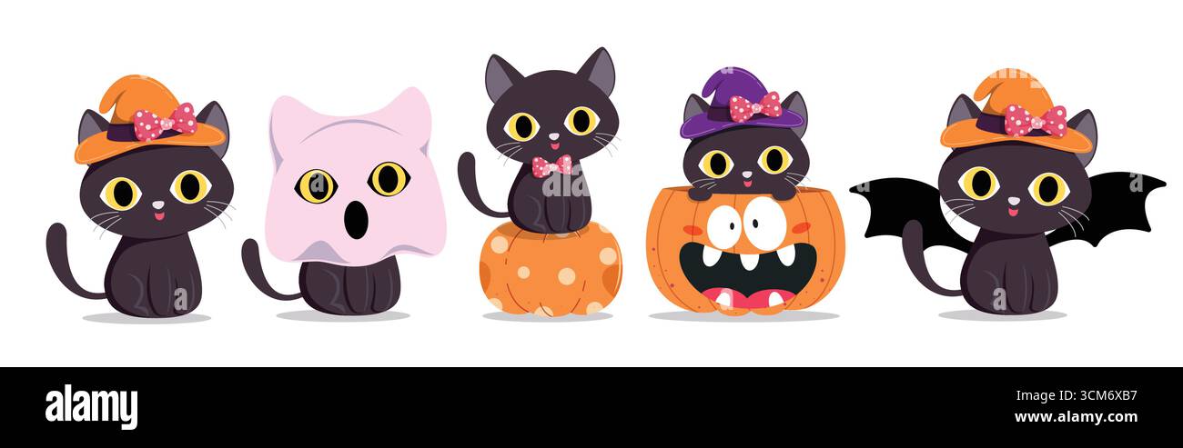 Kitten Halloween character clipart set. Black cat, bat, ghost and ...
