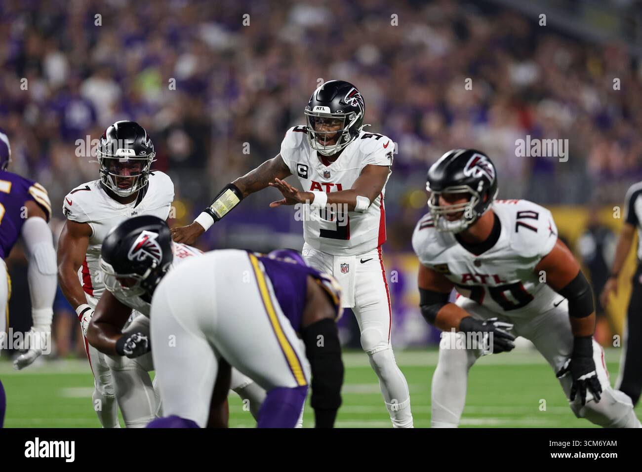 Atlanta Falcons quarterback Michael Penix Jr. (9) calls a play during ...