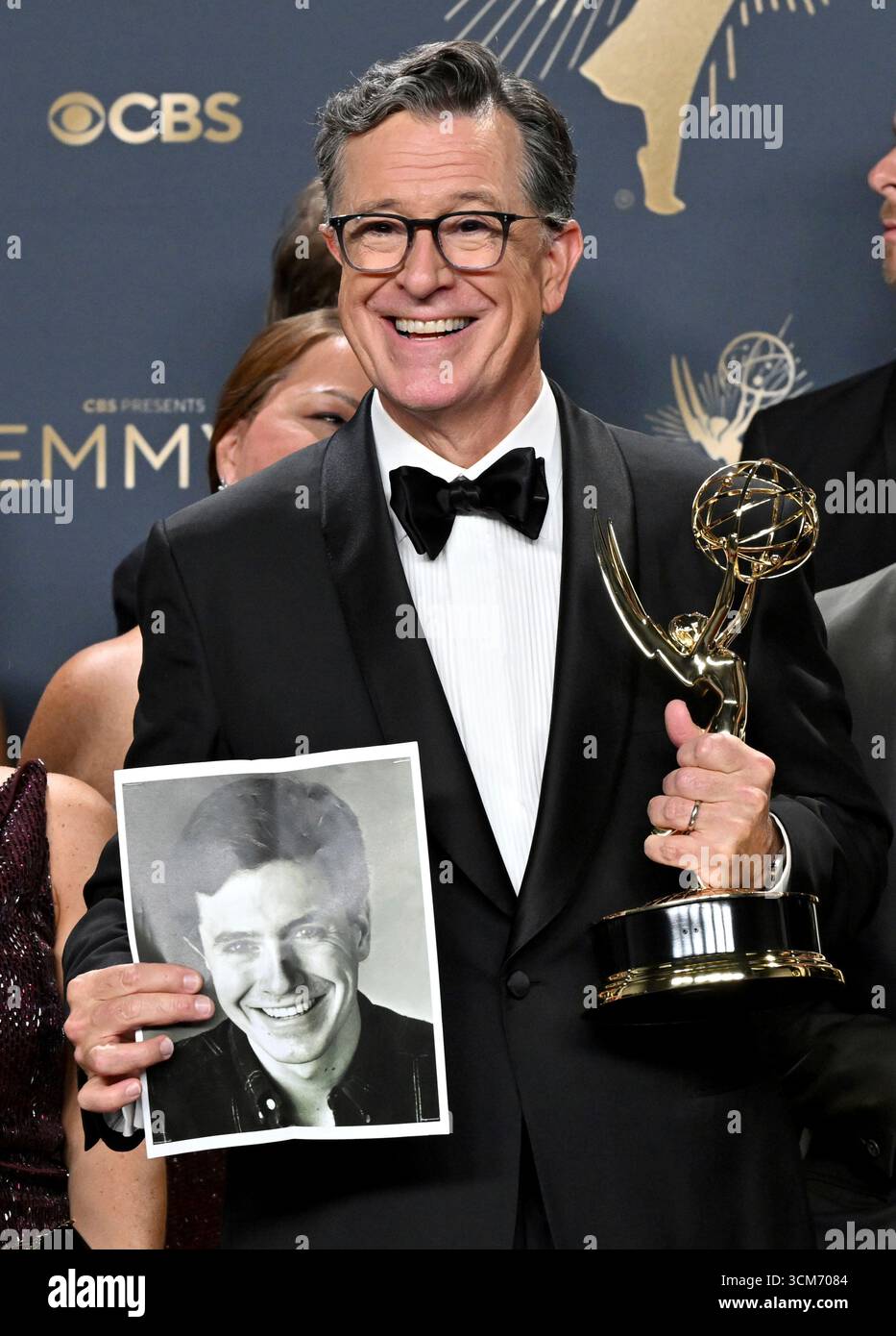 Stephen Colbert poses in the press room with the Emmy for Outstanding ...