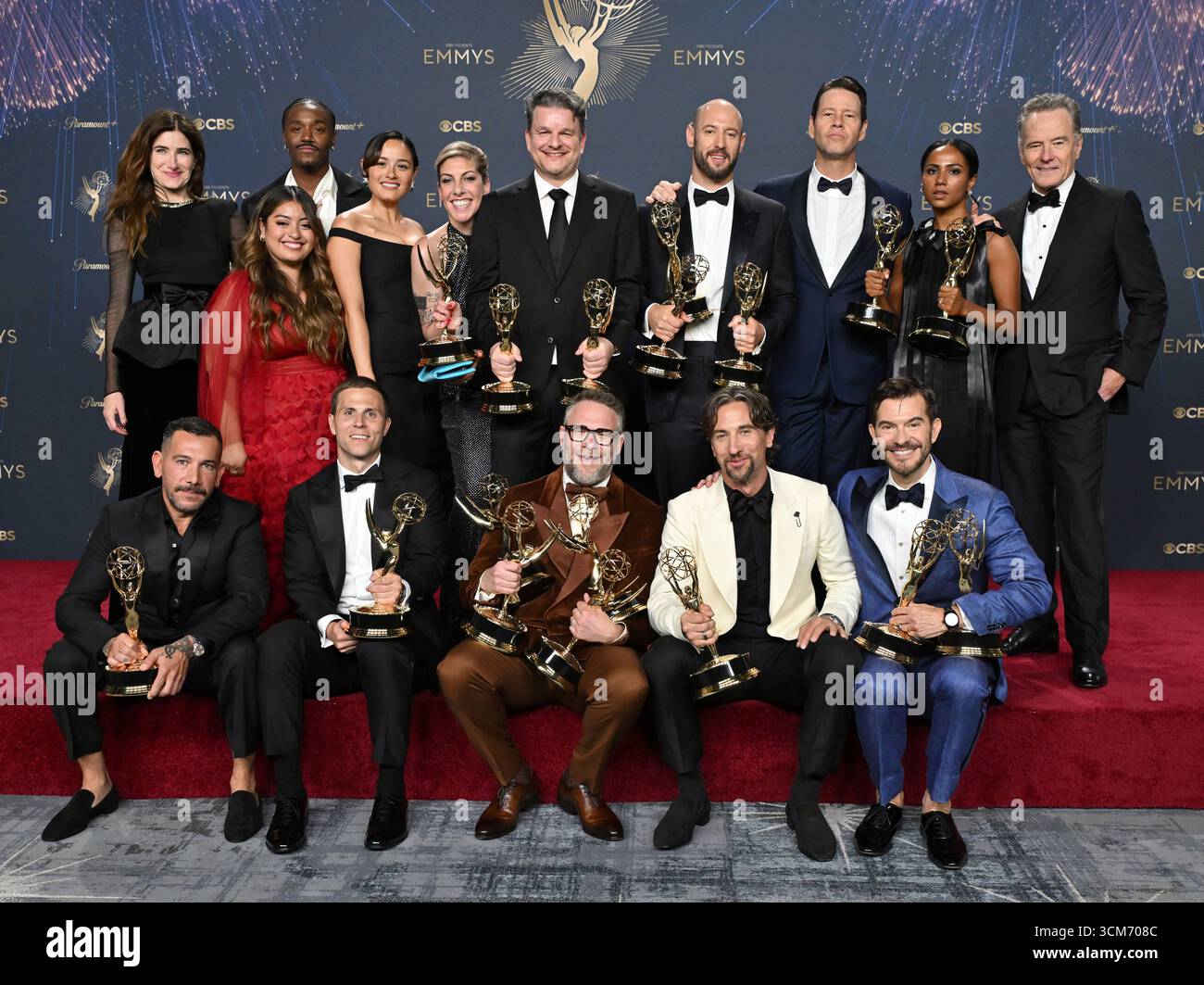 The team for "The Studio" pose after winning five Emmys at the 77th ...