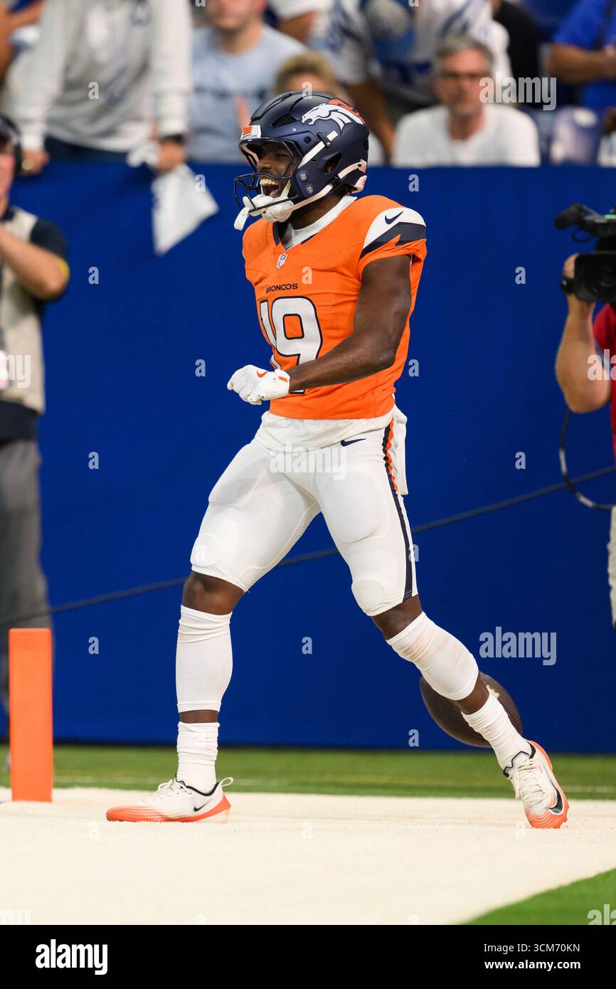 Denver Broncos wide receiver Marvin Mims Jr. (19) celebrates after a ...