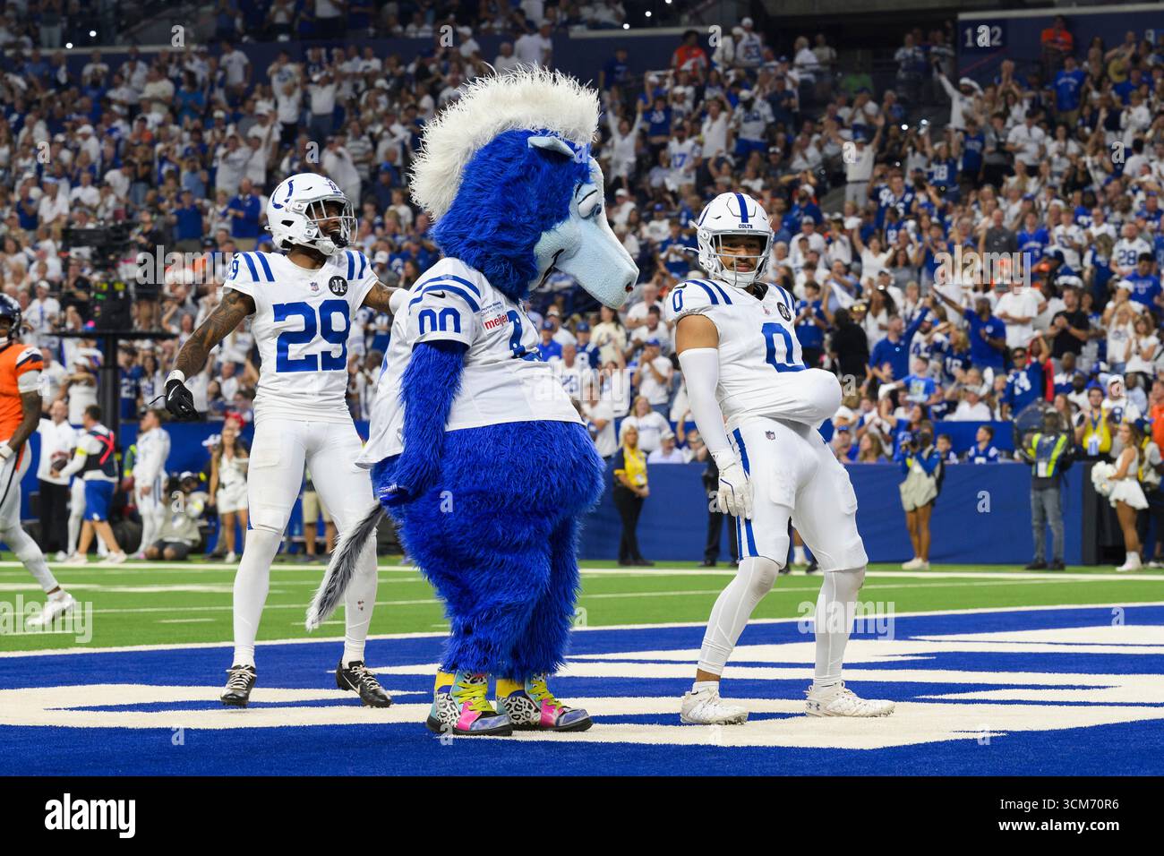 Indianapolis Colts safety Cam Bynum (0) celebrates on the field with ...