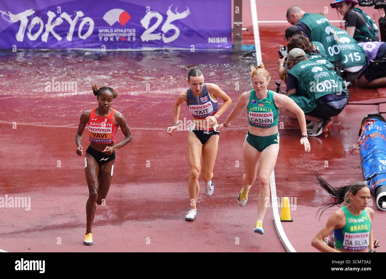Great Britain's Sarah Tait exits the water jump after an injury in the Women's 3000m ...