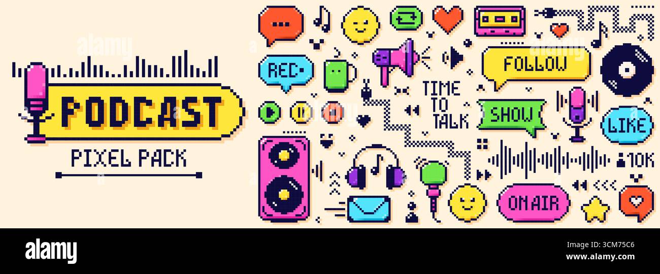 Pack with 8 bit Y2K pixel color podcast elements. Snake, record, stereo ...