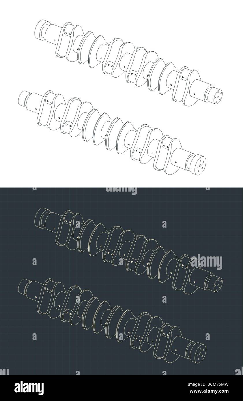 V12 engine crankshaft isometric drawings stylized vector illustrations ...
