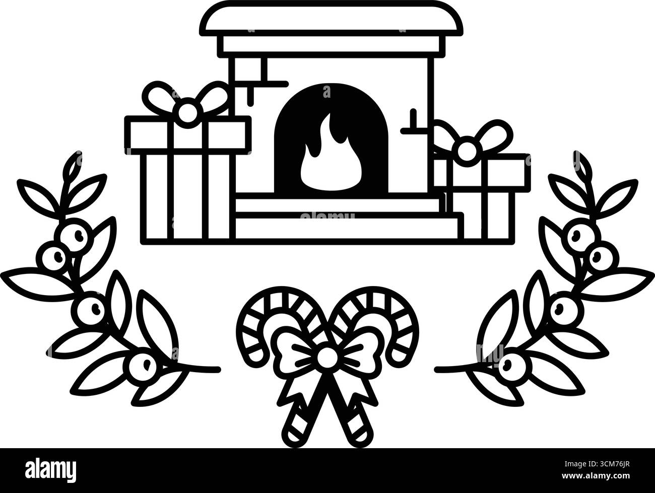 A fireplace with a wreath of leaves and a candy cane in front of it ...