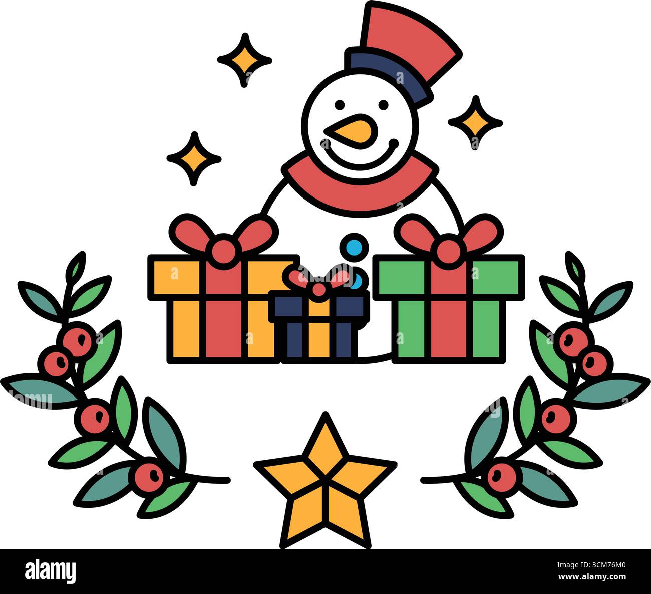 A cartoon snowman is holding two presents and a star. The snowman is ...