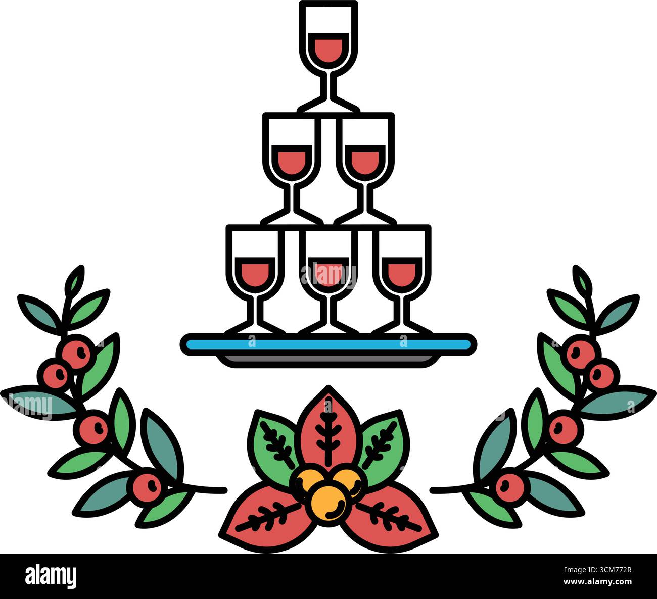 A wine glass pyramid with five glasses on top of it. The wine glasses ...