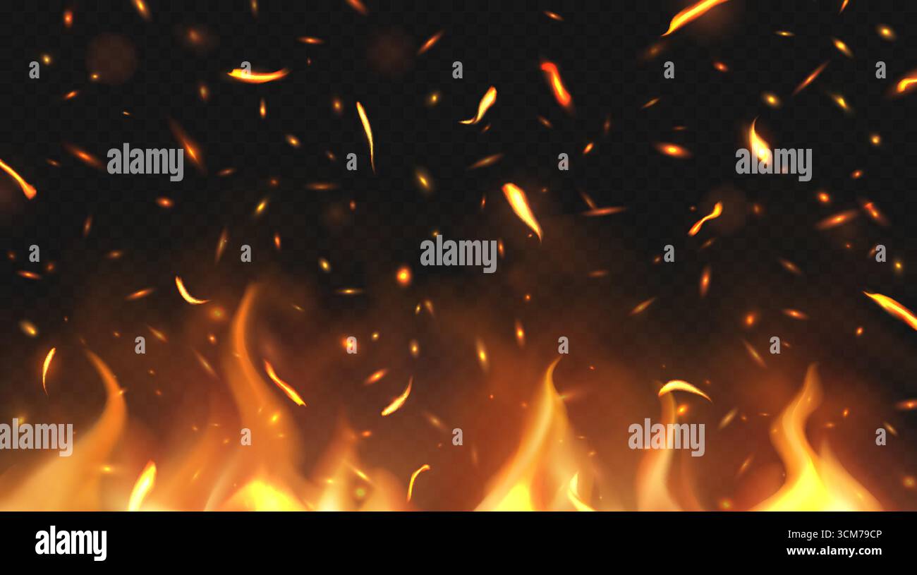 Realistic campfire bonfire with fire flame ember sparks on transparent ...