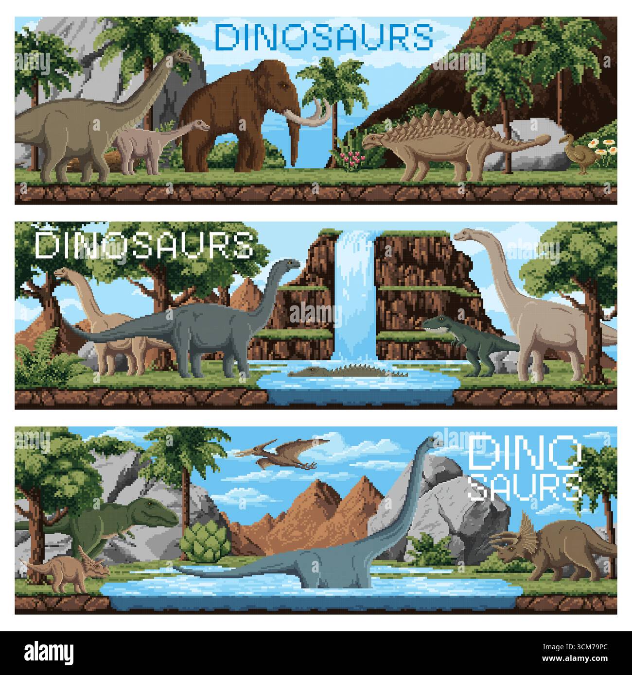 8 bit pixel art banner with prehistoric dinosaurs. Retro arcade pixel ...