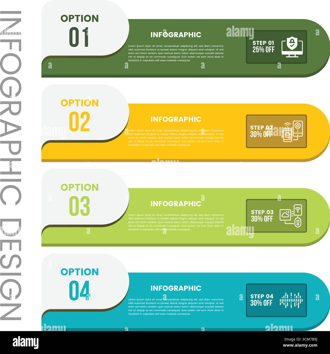 Modern infographic design with four steps progress bar and icons for ...