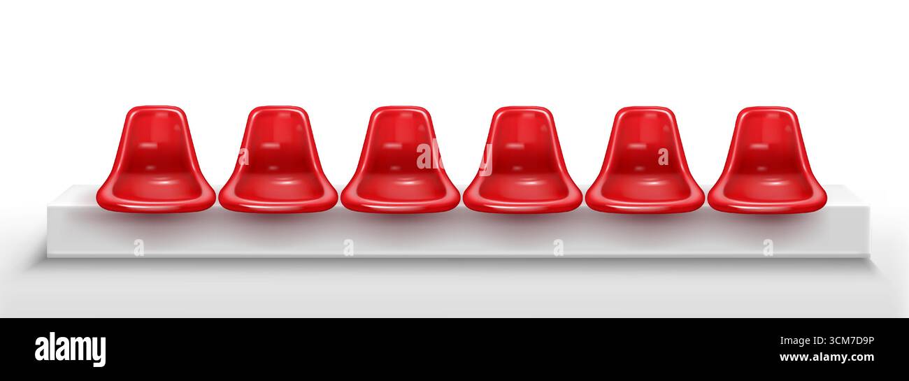Stadium seat chair row with red plastic units on white platform for ...
