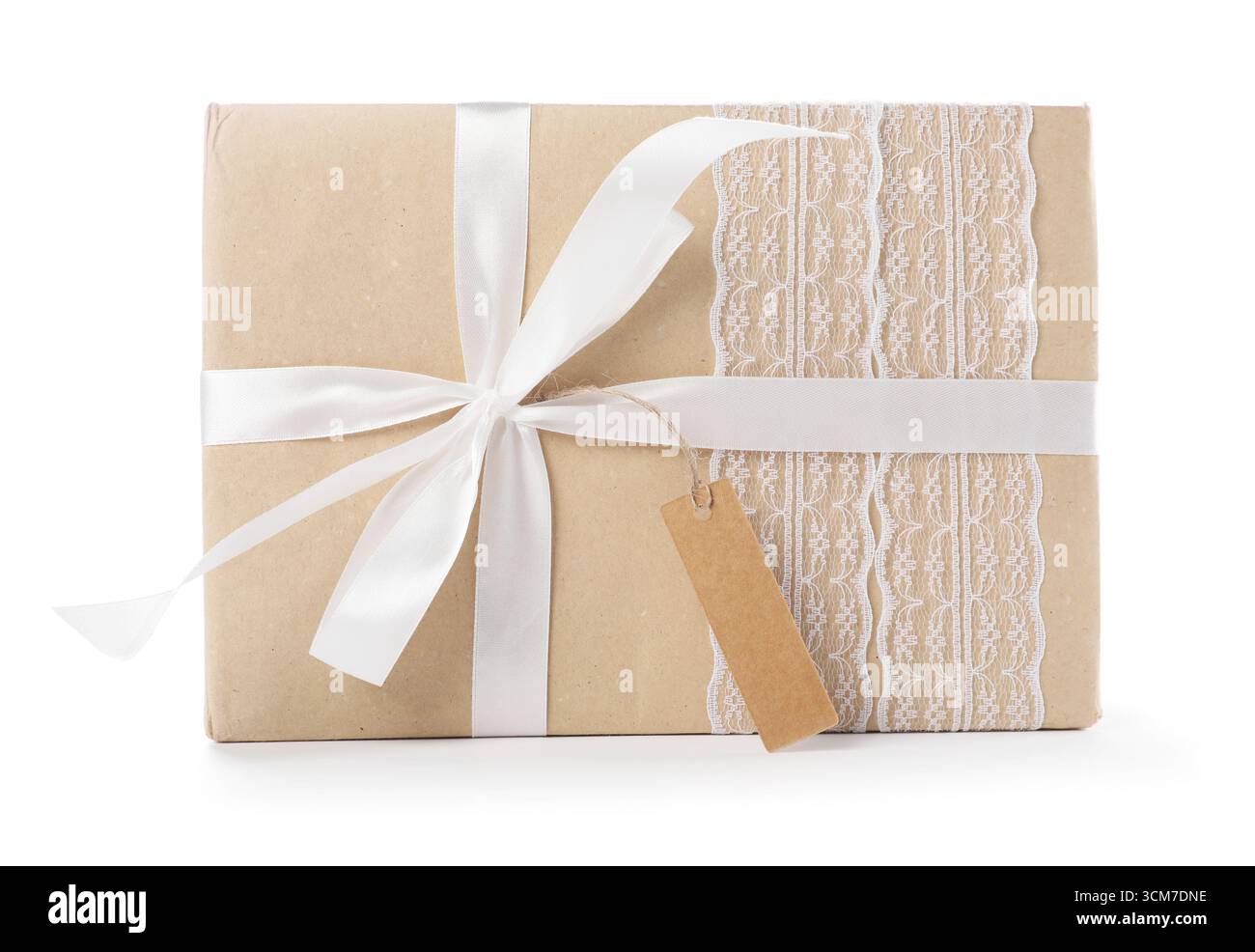 Gift box with blank tag isolated on white Stock Photo - Alamy