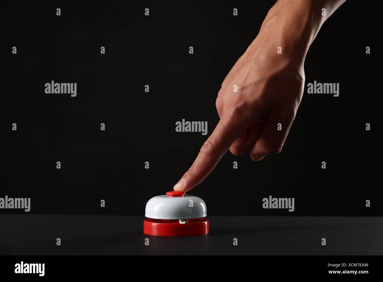 Man pressing button on black background, closeup. Space for text Stock ...