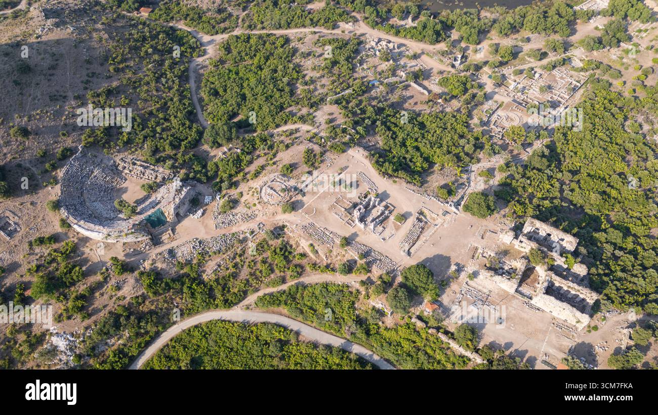 View from acropolis on top of mount to famous ancient Greek city Kaunos ...